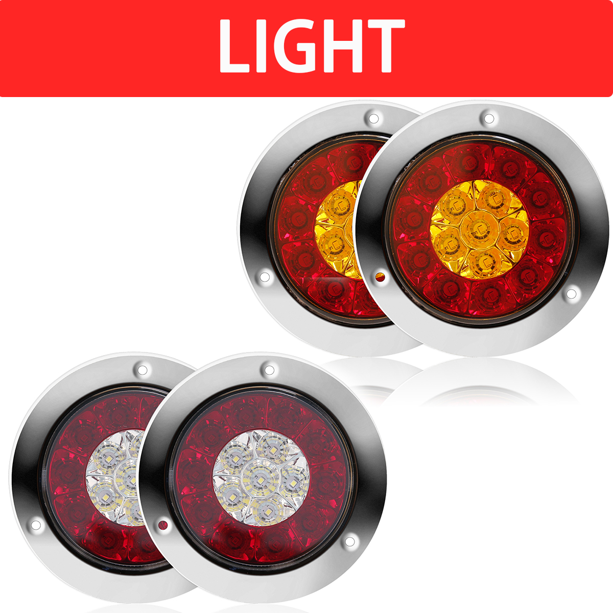 12V-Round LED Truck Trailer Taillights with Stainless Steel Rings (2 ...